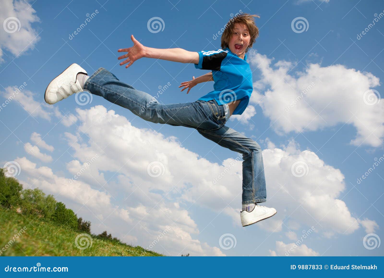 Happy Boy Run Against Beautiful Sky Stock Image - Image of childhood ...