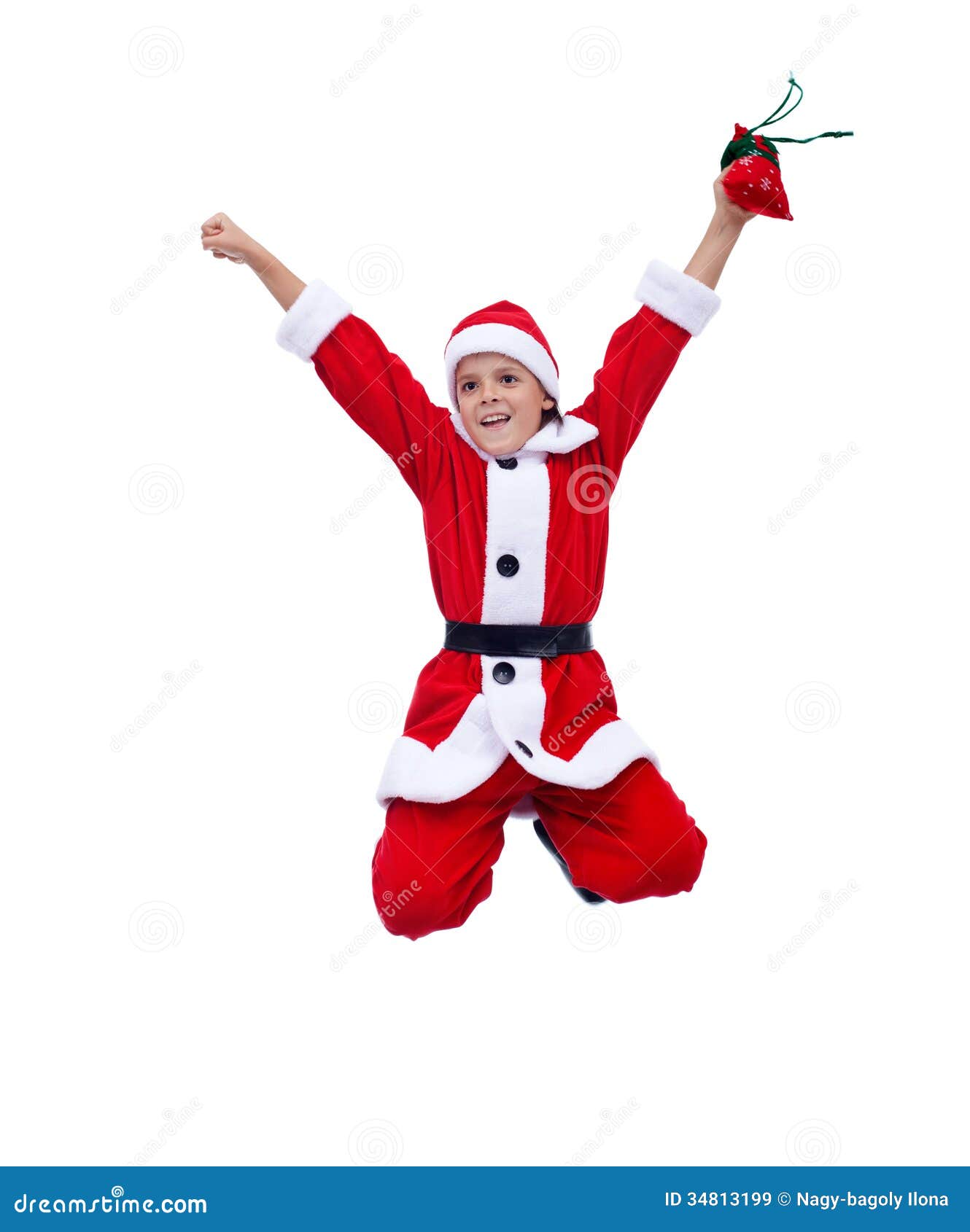 Happy Boy in Santa Costume Jumping - Isolated Stock Image - Image of ...