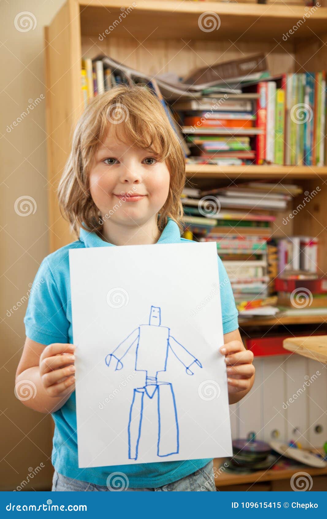 Happy Boy Shows His Drawing at Home Stock Image - Image of holding ...