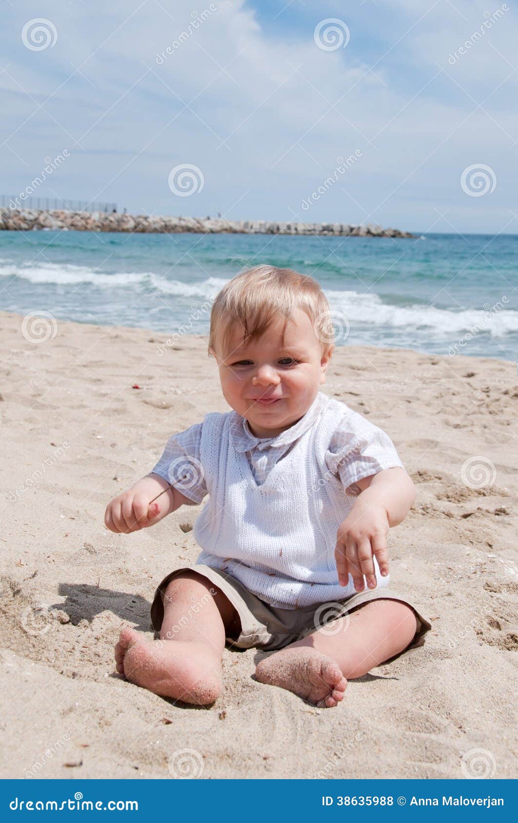 Happy Boy Sitting on the Beach Stock Photo - Image of leisure ...