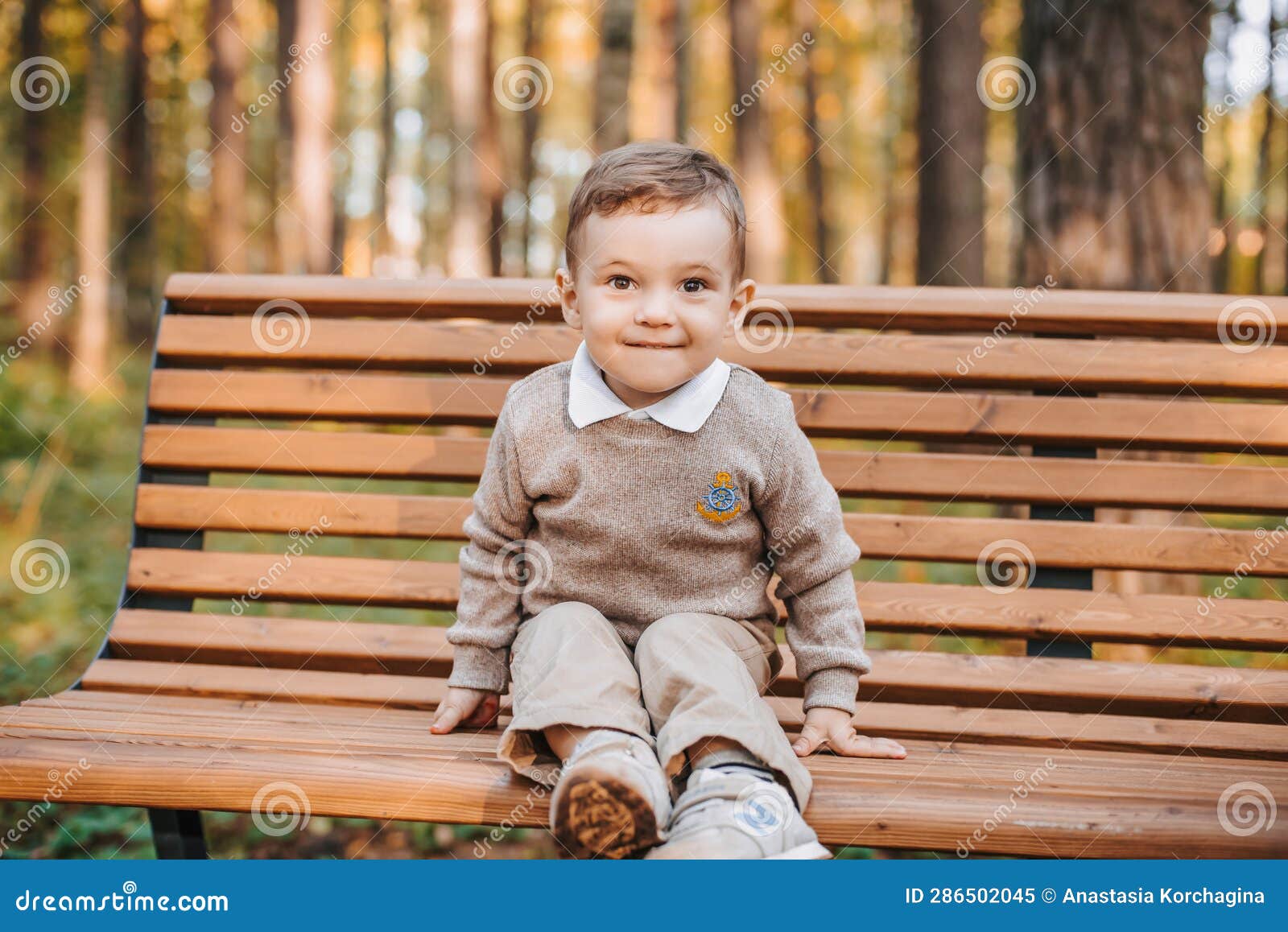 Happy Boy Sitting on a Bench in the Park in Autumn Stock Image - Image ...