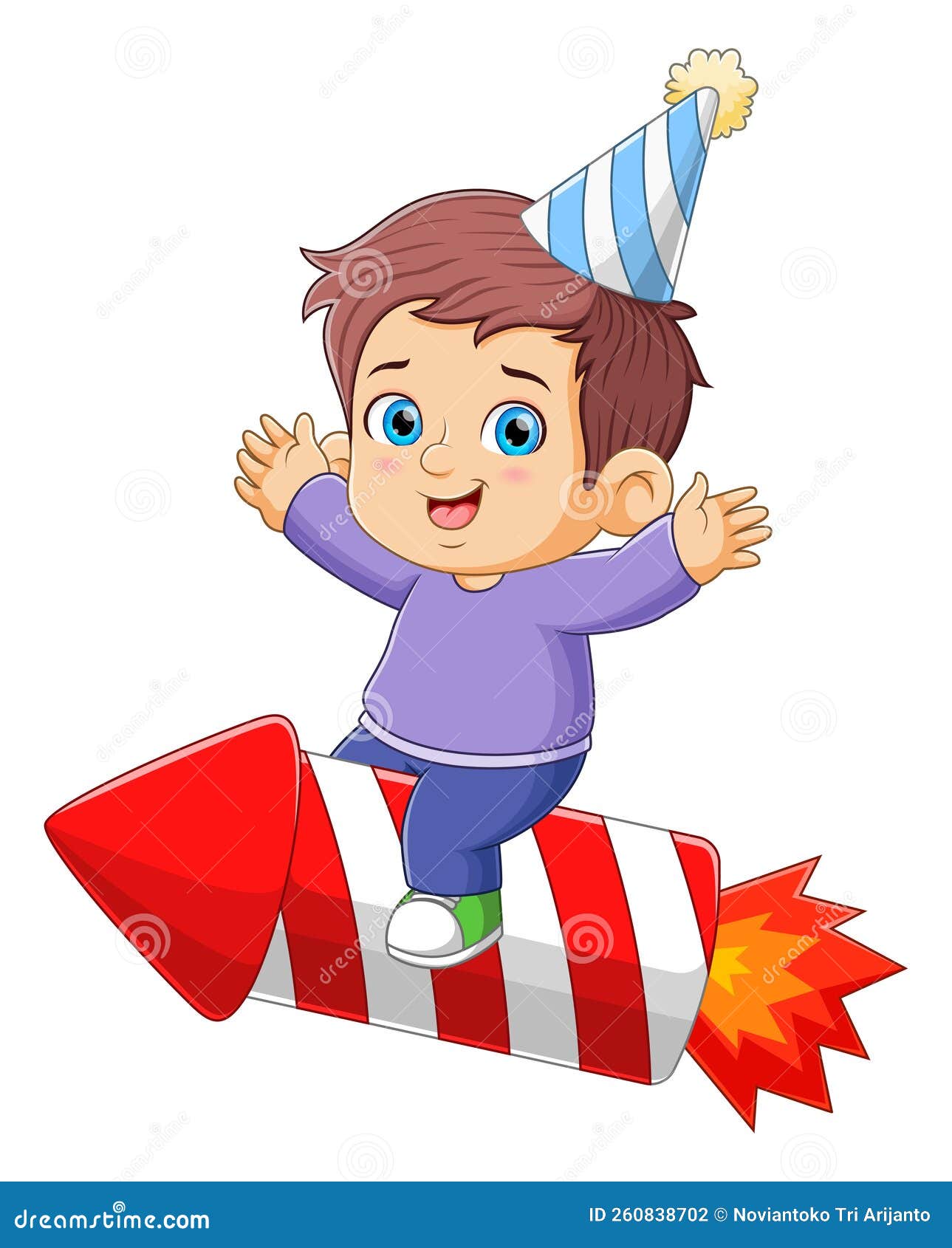 The Happy Boy is Sitting on the Fast Firework Rocket on the New Year`s ...