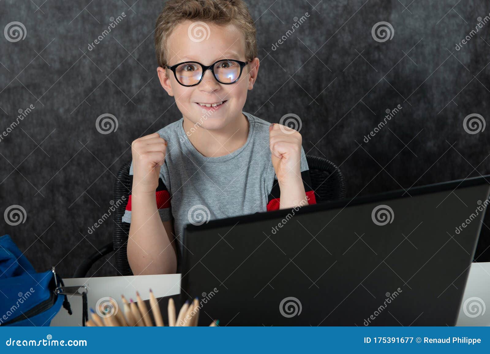 Happy Boy Sitting with Laptop Computer Stock Image - Image of caucasian ...