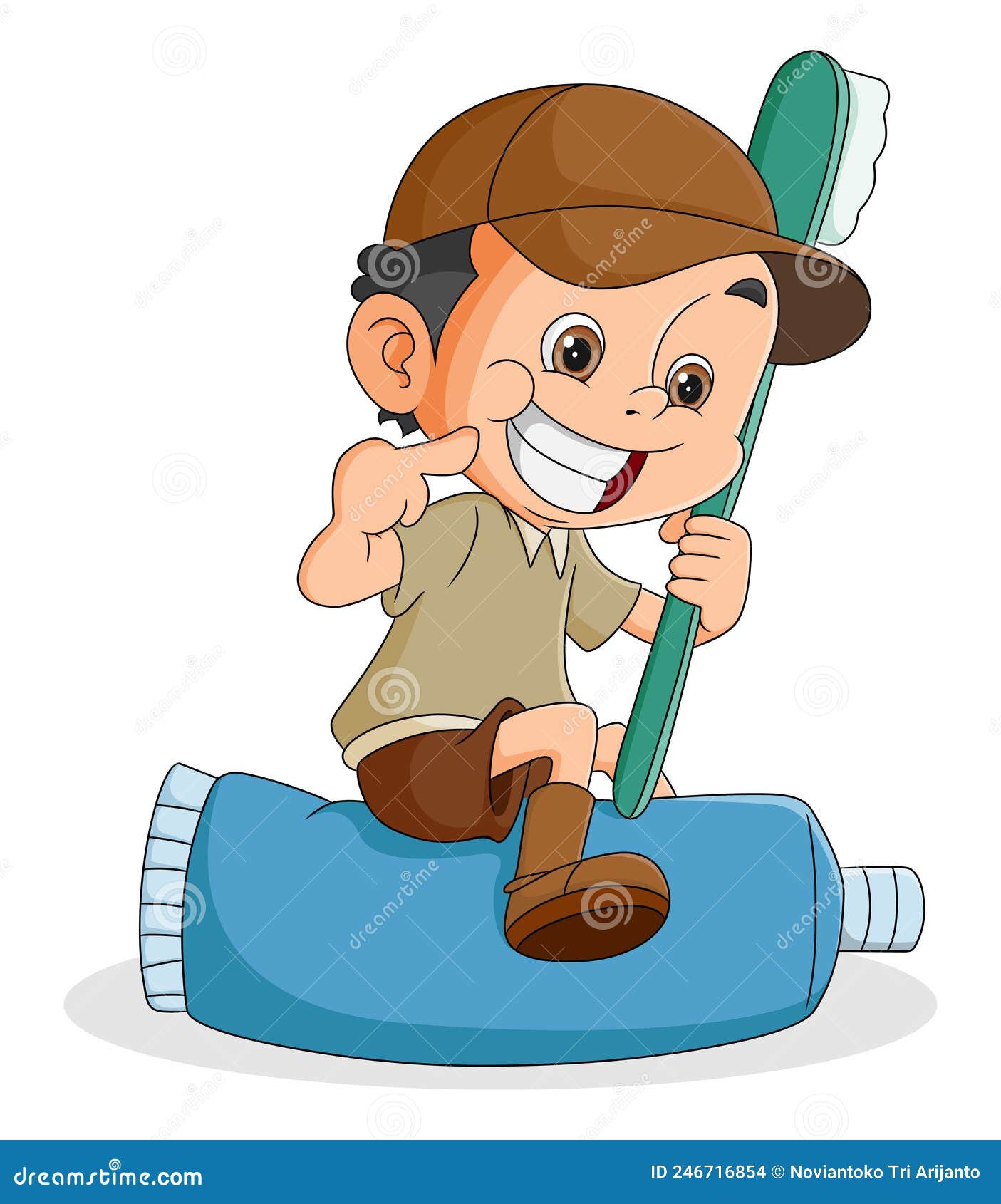 The Happy Boy is Smiling while Holding a Toothbrush and Big Toothpaste ...