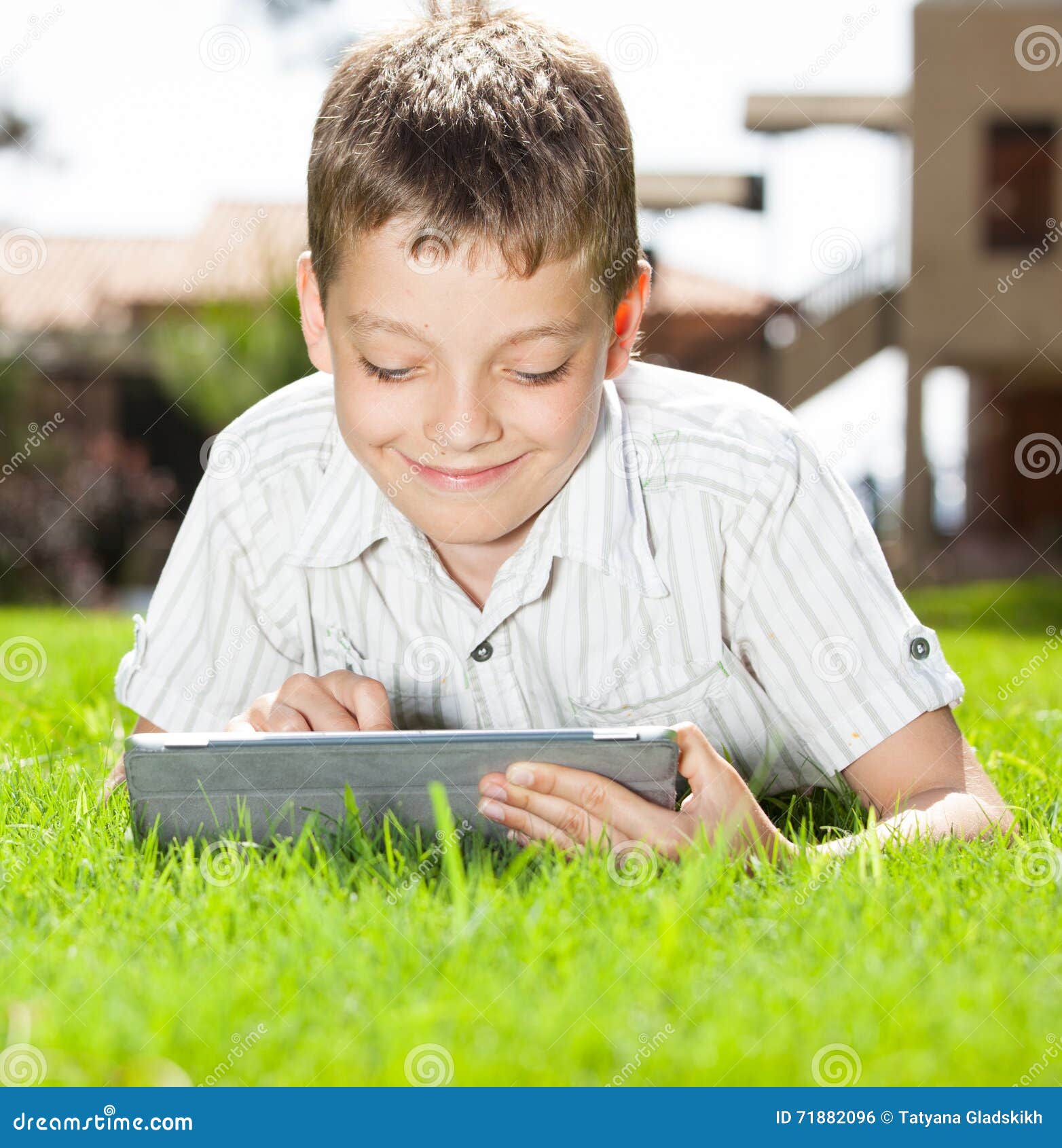 Happy Boy with Tablet Outdoors Stock Photo - Image of park, computer ...