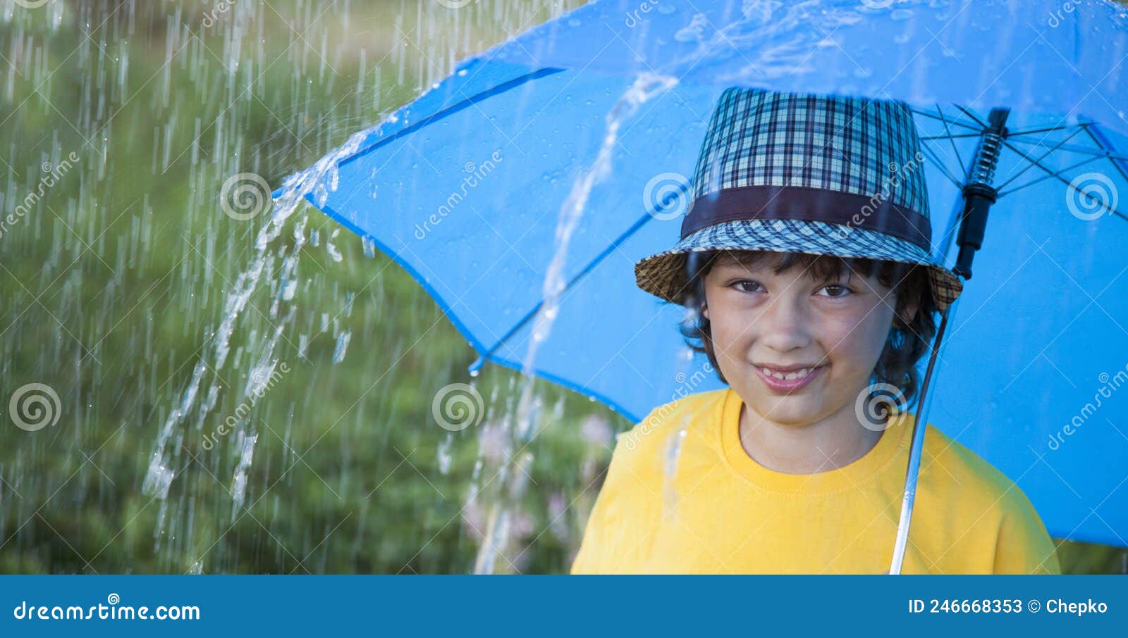 Happy Boy with Umbrella Outdoors, Child with an Umbrella Walks in Rain ...