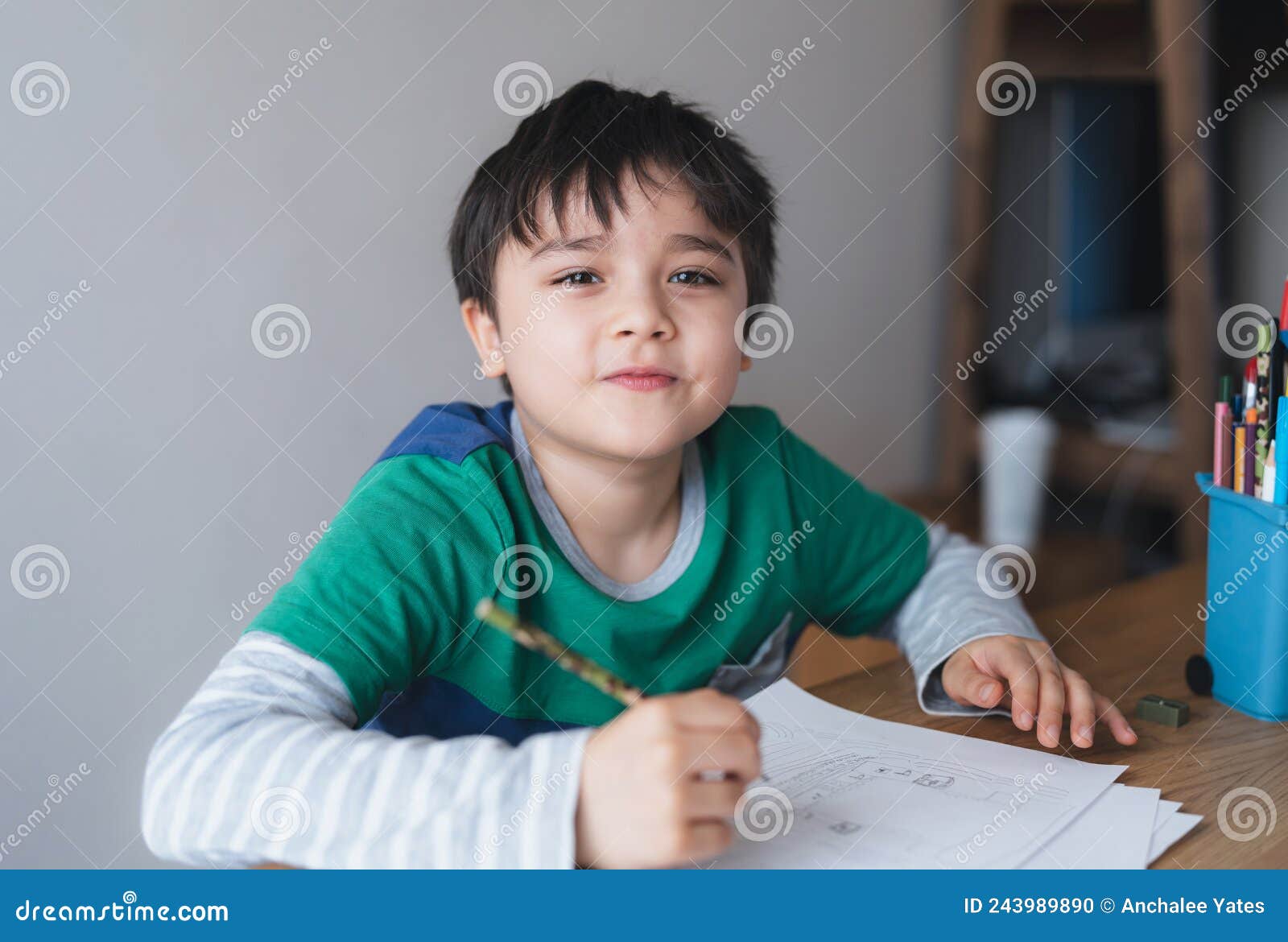 Happy Boy Using Pencil Drawing or Sketching on Paper, Cute Kid Looking ...
