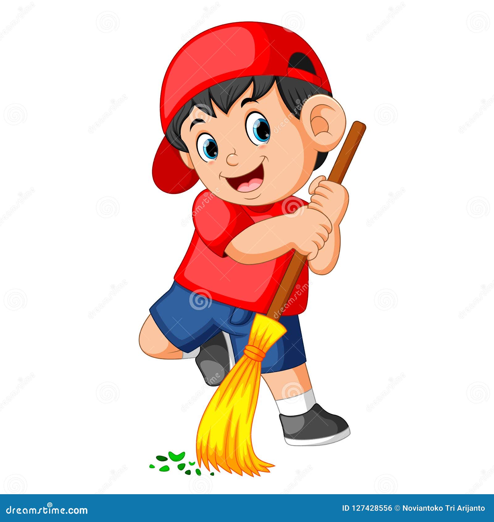 The Happy Boy Using The Red Cap Sweep The Trash With The Long Broom ...