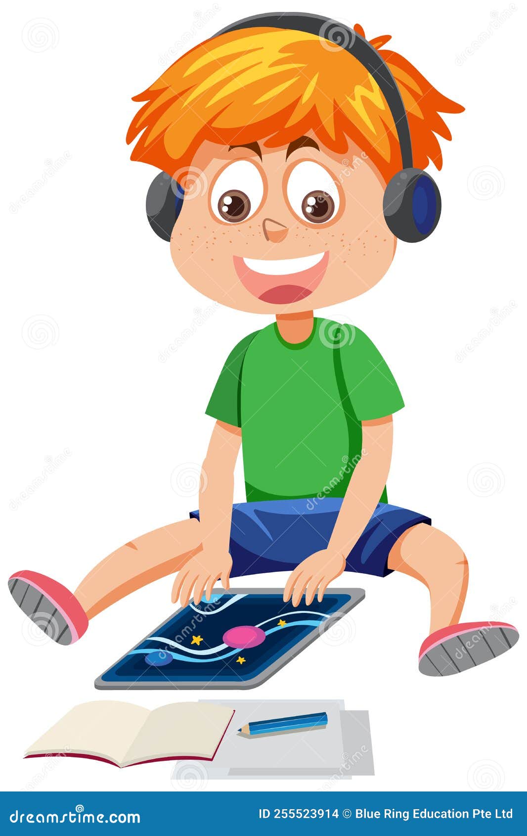 Happy boy using tablet stock vector. Illustration of education - 255523914