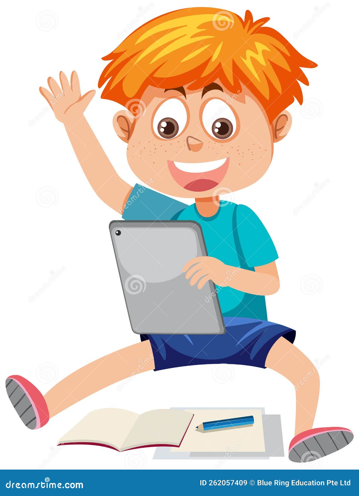 Happy boy using tablet stock vector. Illustration of drawing - 262057409
