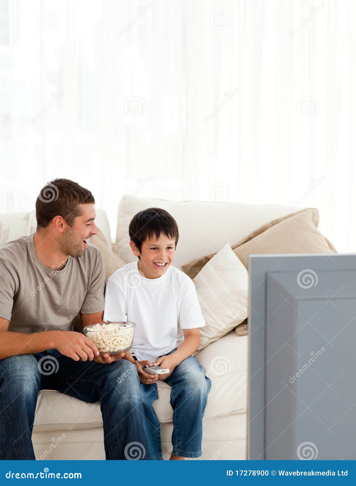 Happy Boy Watching Tv with His Father Stock Photo - Image of rest ...