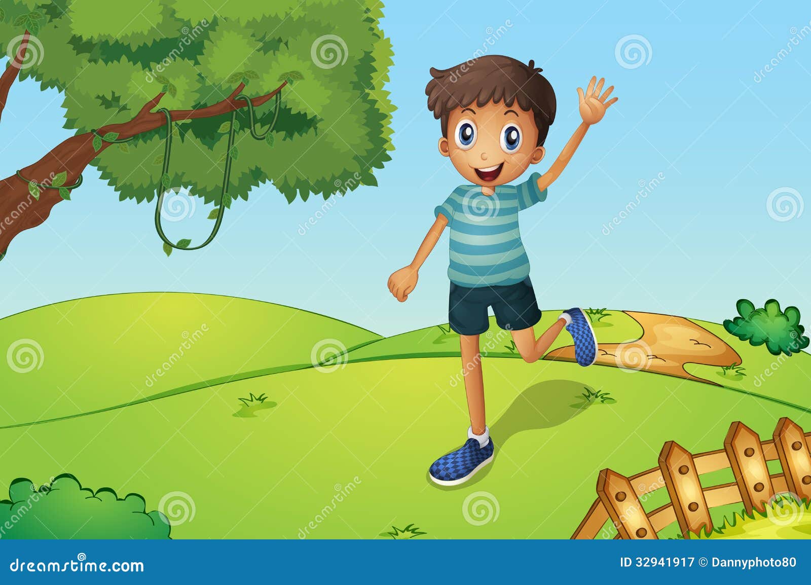 A Happy Boy Waving while Running in the Hill Stock Vector ...