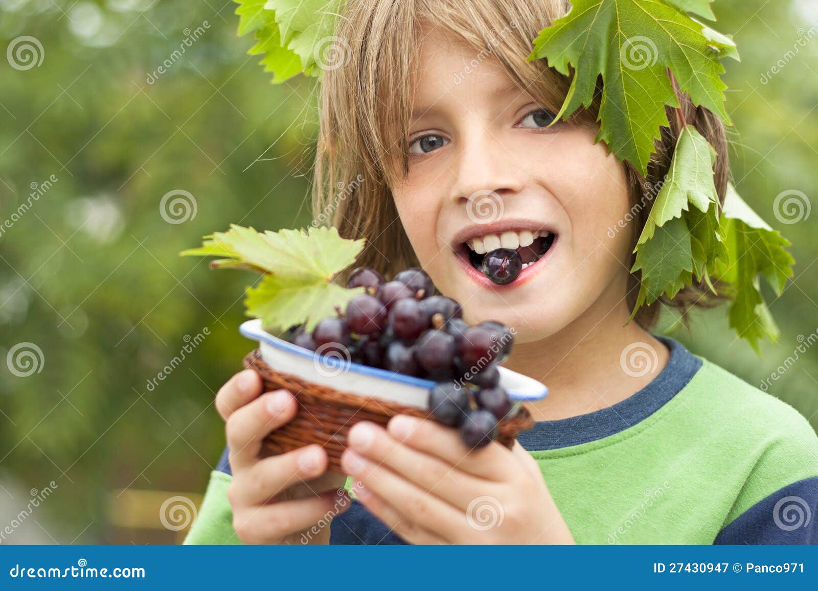 Happy Boy Wearing Fresh Grapes Stock Image - Image of leaves, grape ...