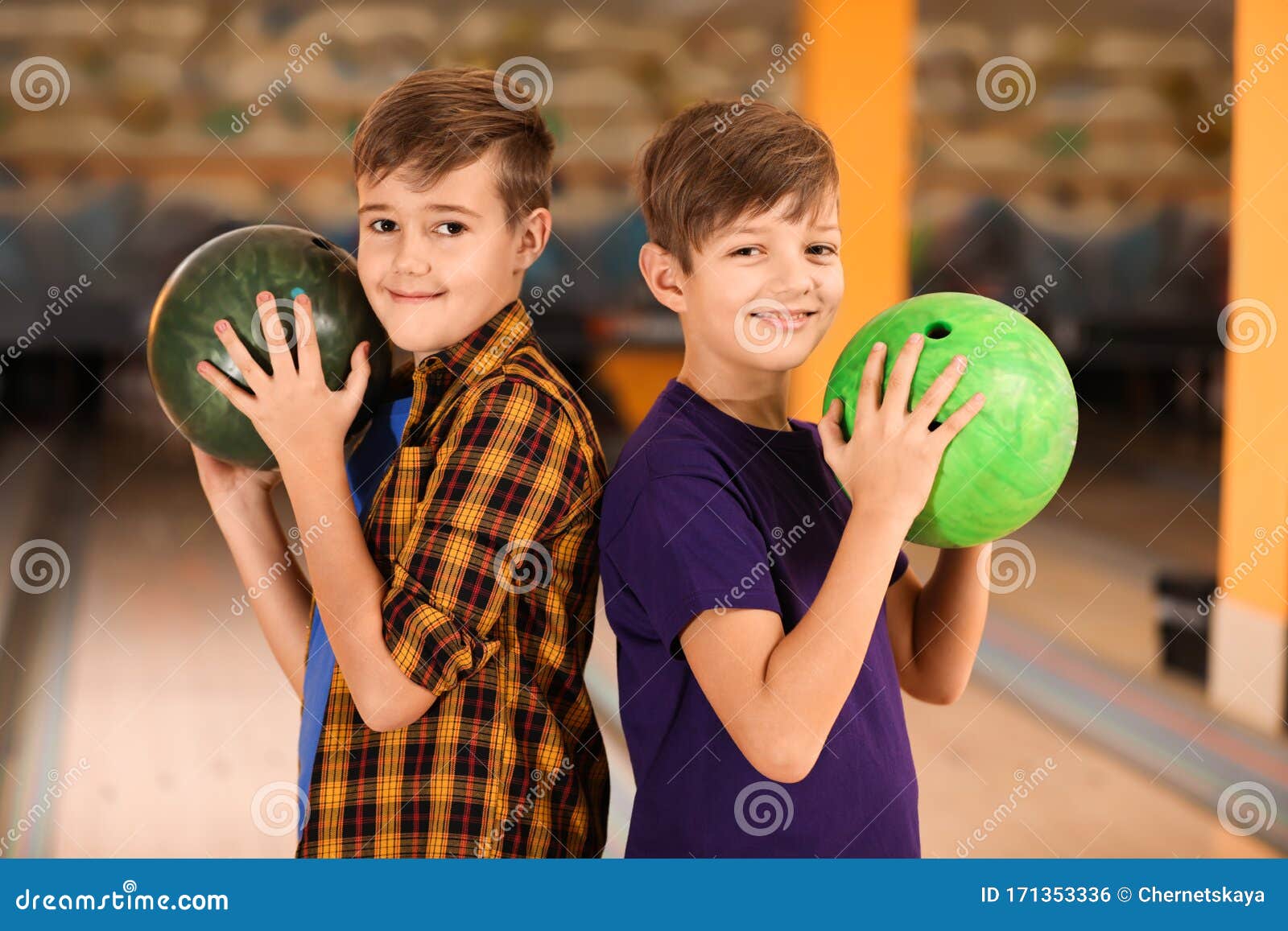 Happy Boys with Balls in Bowling Stock Photo - Image of balls, birthday ...