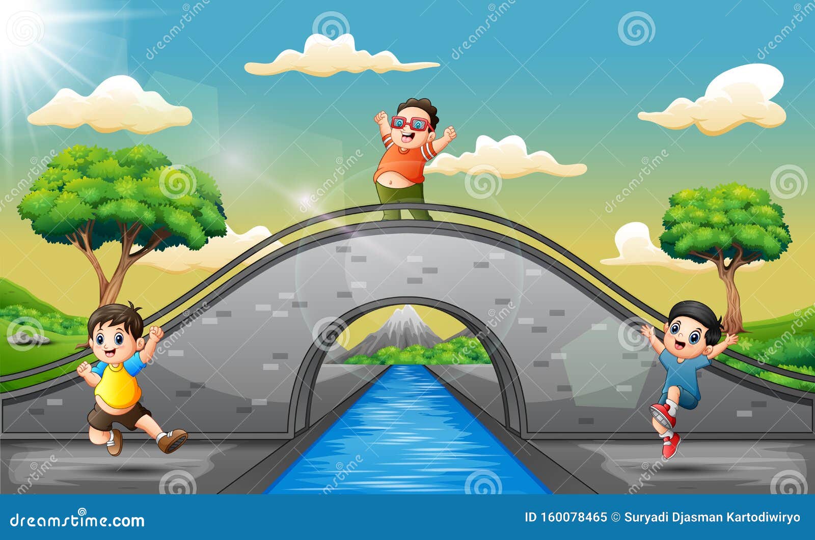 Happy Boys Dancing on the Bridge Stock Vector - Illustration of bridge ...