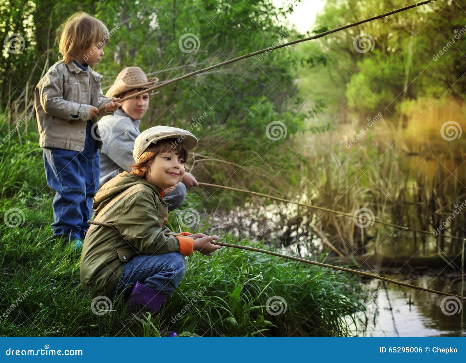 Happy boys go fishing stock photo. Image of leisure, autumn - 65295006