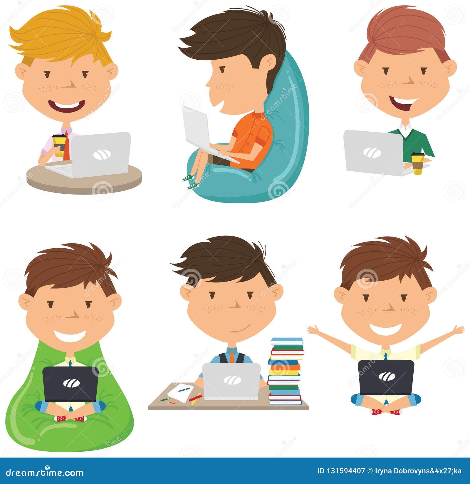 Students Learn And Do Homework By Computer Vector Illustration ...