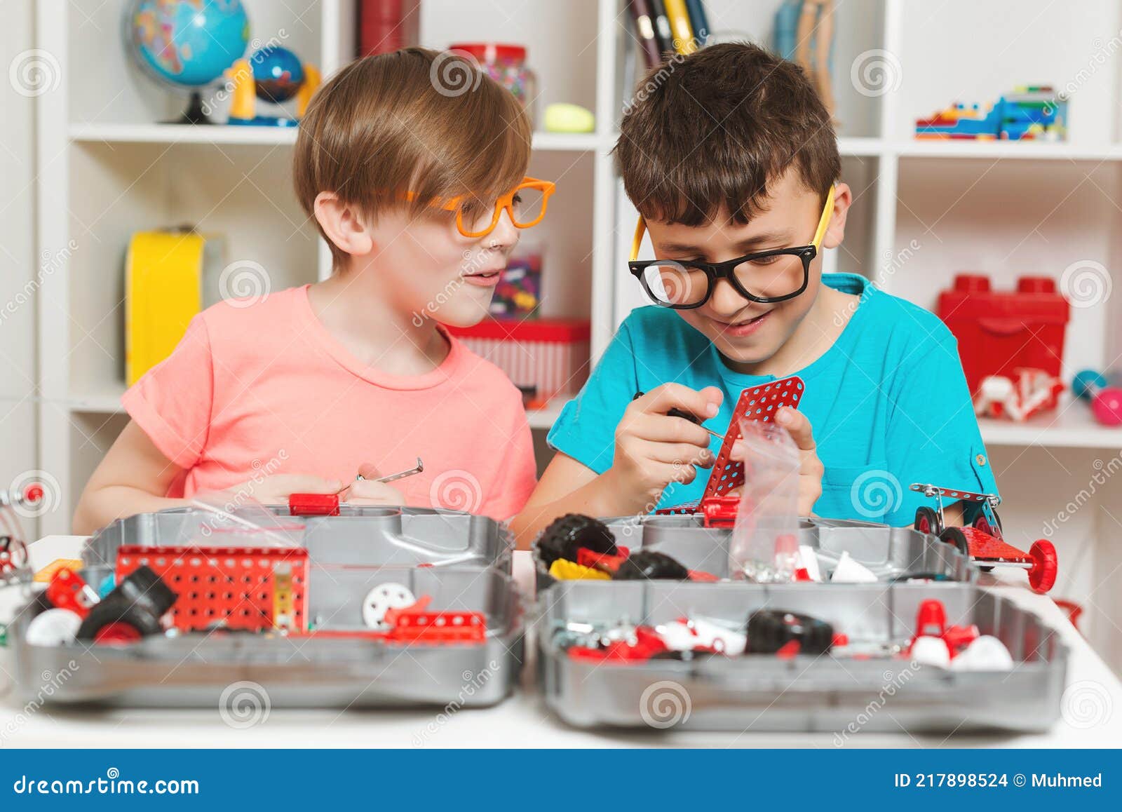 Happy Boys Playing with Metal Constructor. Education, Engineering and ...