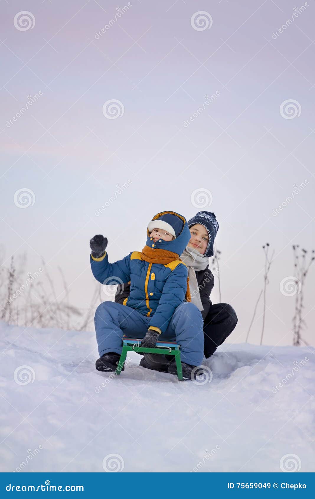 Happy boys on sled stock image. Image of clothing, childhood - 75659049