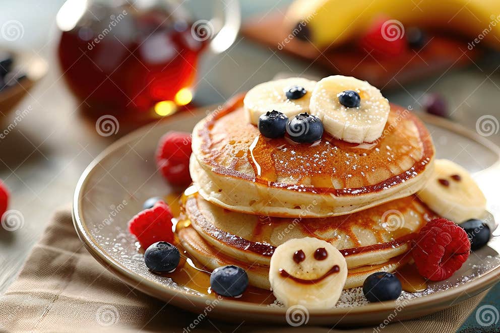 Happy Breakfast Stack with Syrup and Berries, Pancake Smiles Stock ...