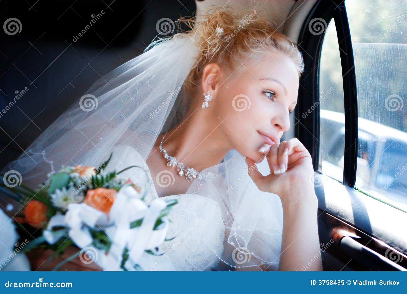 Happy bride in the car stock image. Image of beautiful - 3758435