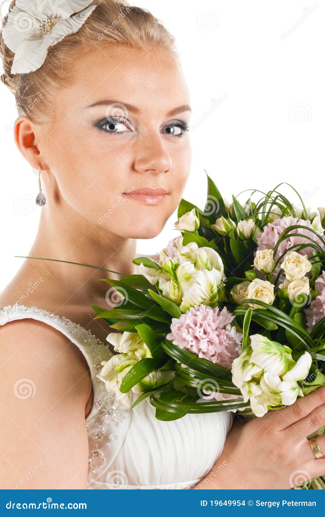 Happy bride with flowers stock photo. Image of looking - 19649954