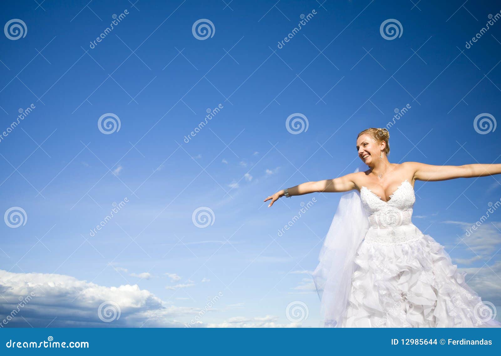 Happy Bride Flying with Open Arms Stock Photo - Image of flight, clouds ...