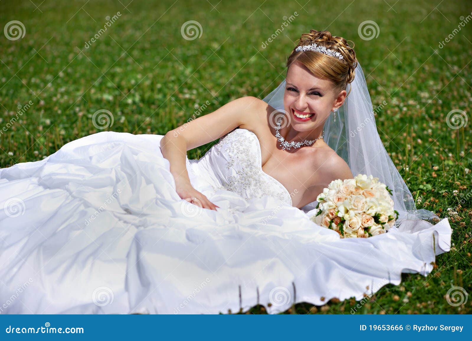 Happy bride on grass stock photo. Image of person, funny - 19653666