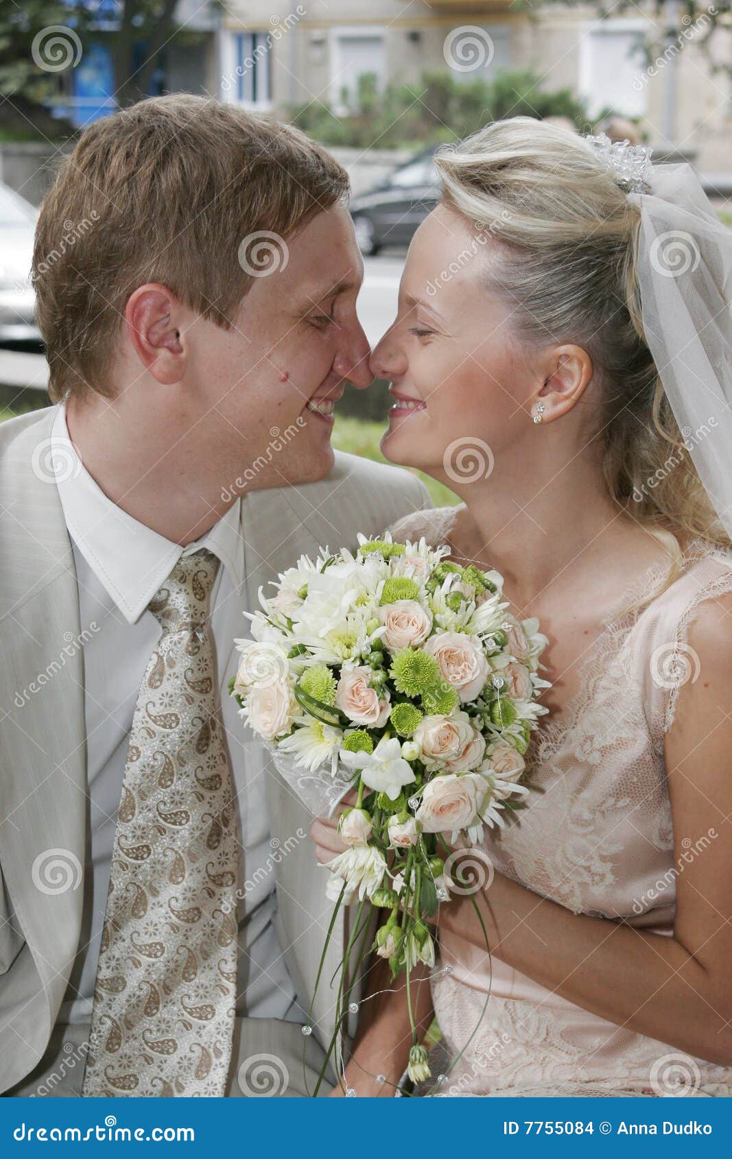 Happy bride and groom stock photo. Image of head, close - 7755084