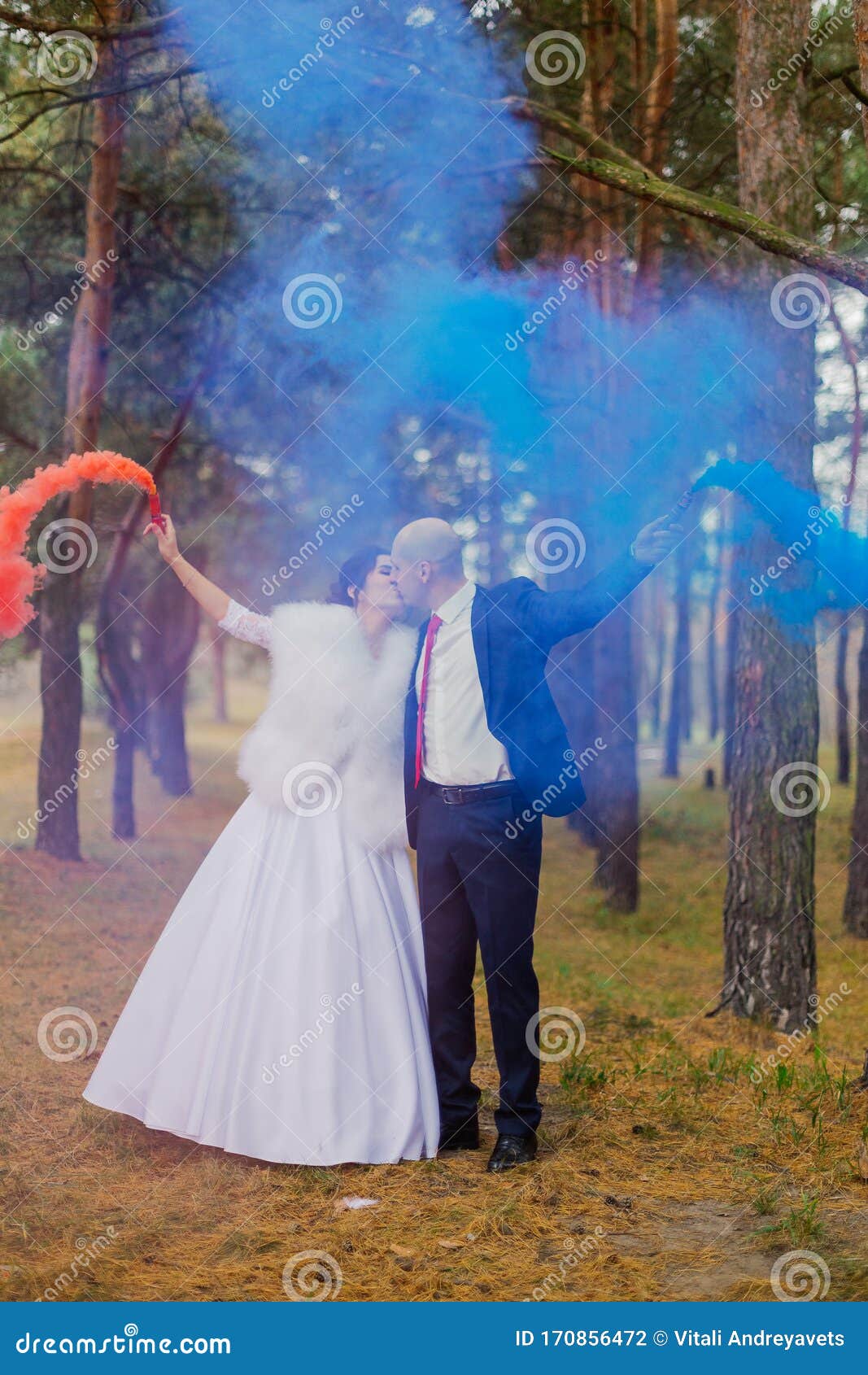 Happy Bride and Groom Hold Colored Smoke in Their Hands. Stock Photo ...