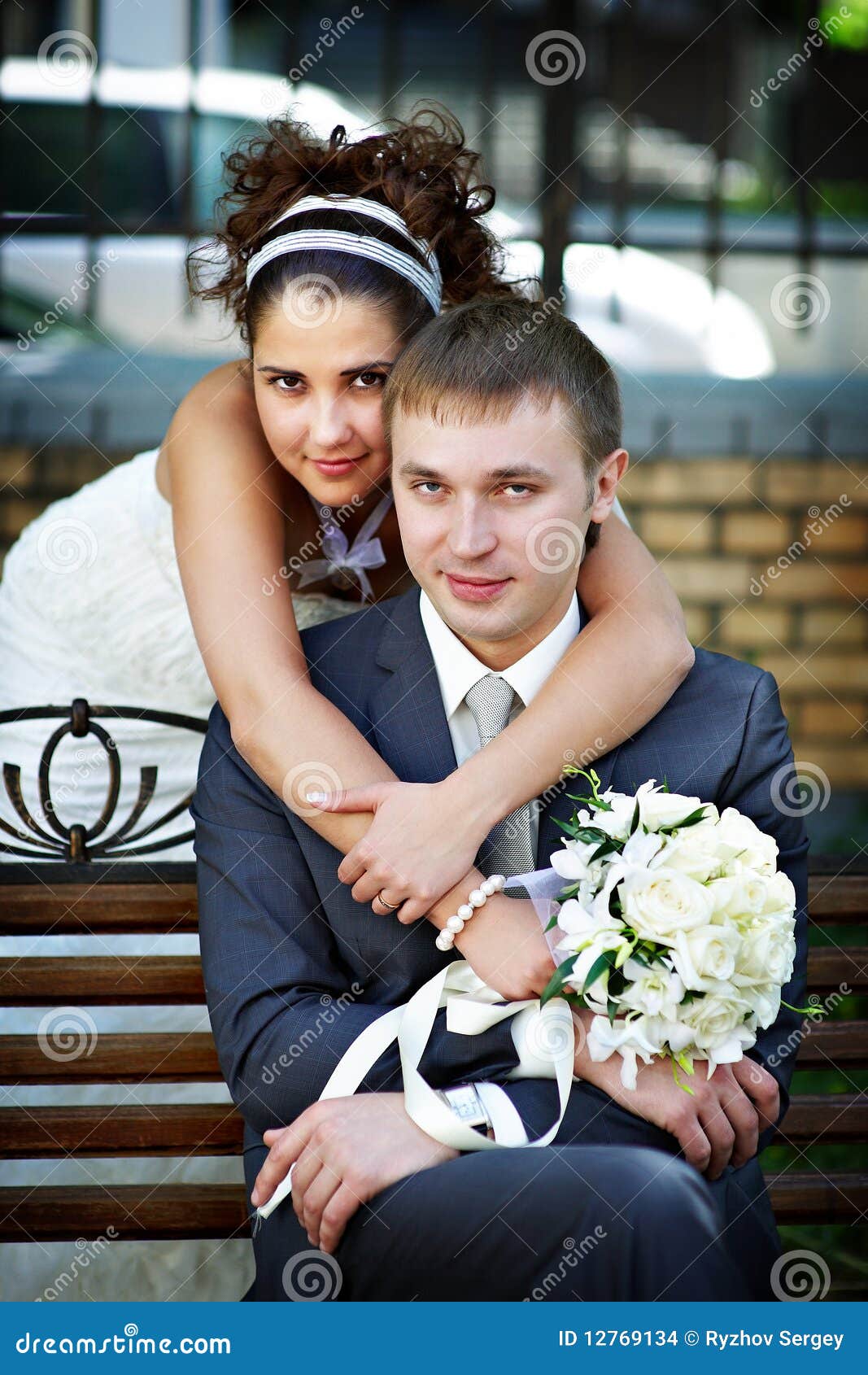 Happy Bride and Groom on Park Bench Stock Photo - Image of rich, beauty ...
