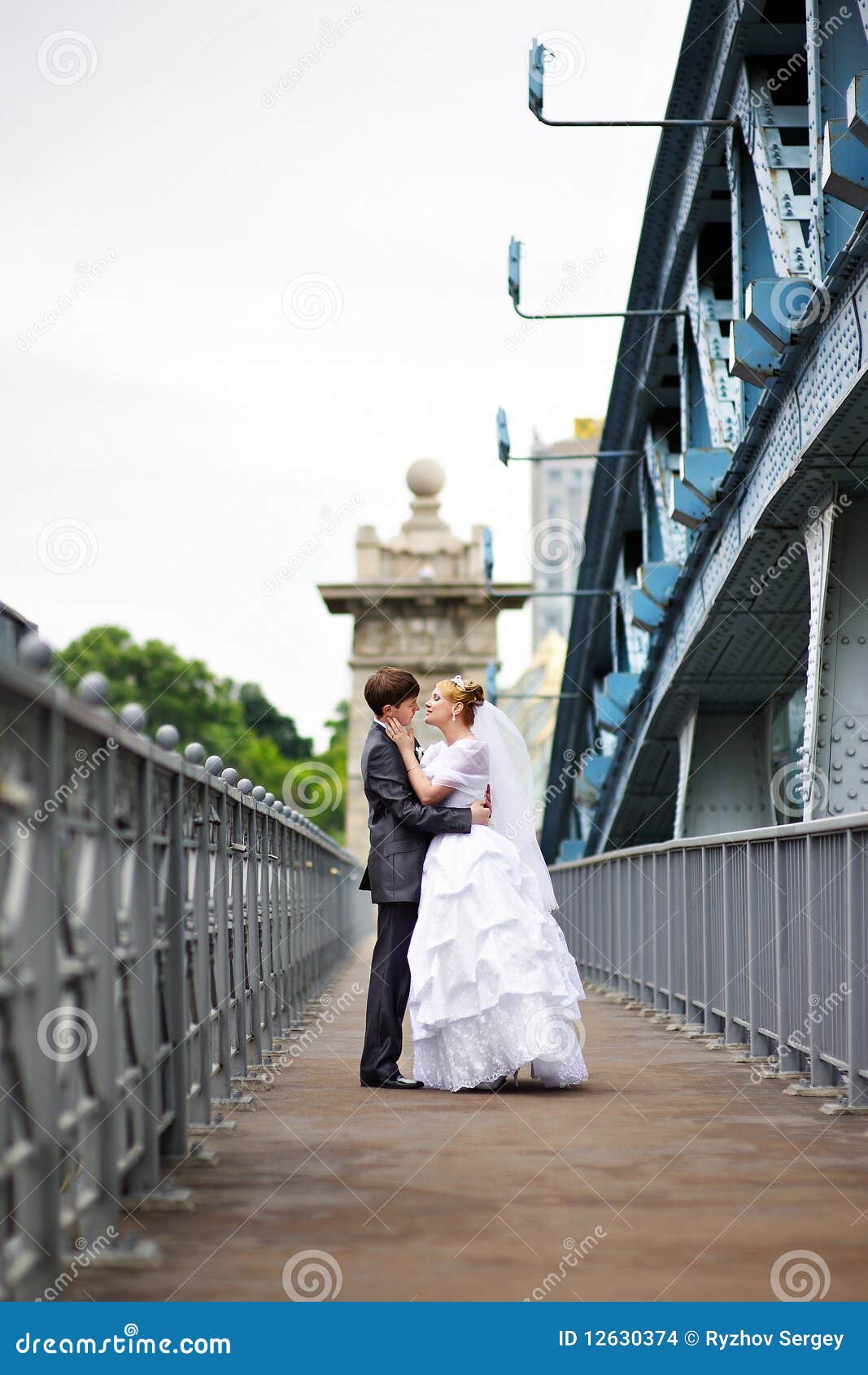 Happy Bride and Groom at Wedding Walk on Bridge Stock Photo - Image of ...