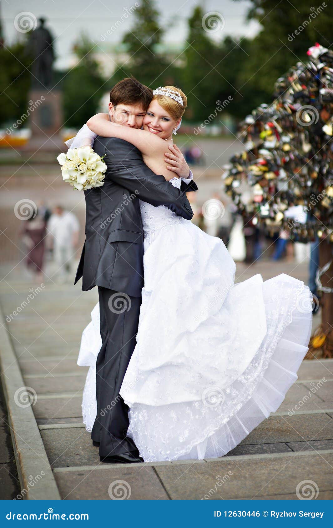 Happy Bride and Groom at Wedding Walk on Bridge Stock Photo - Image of ...