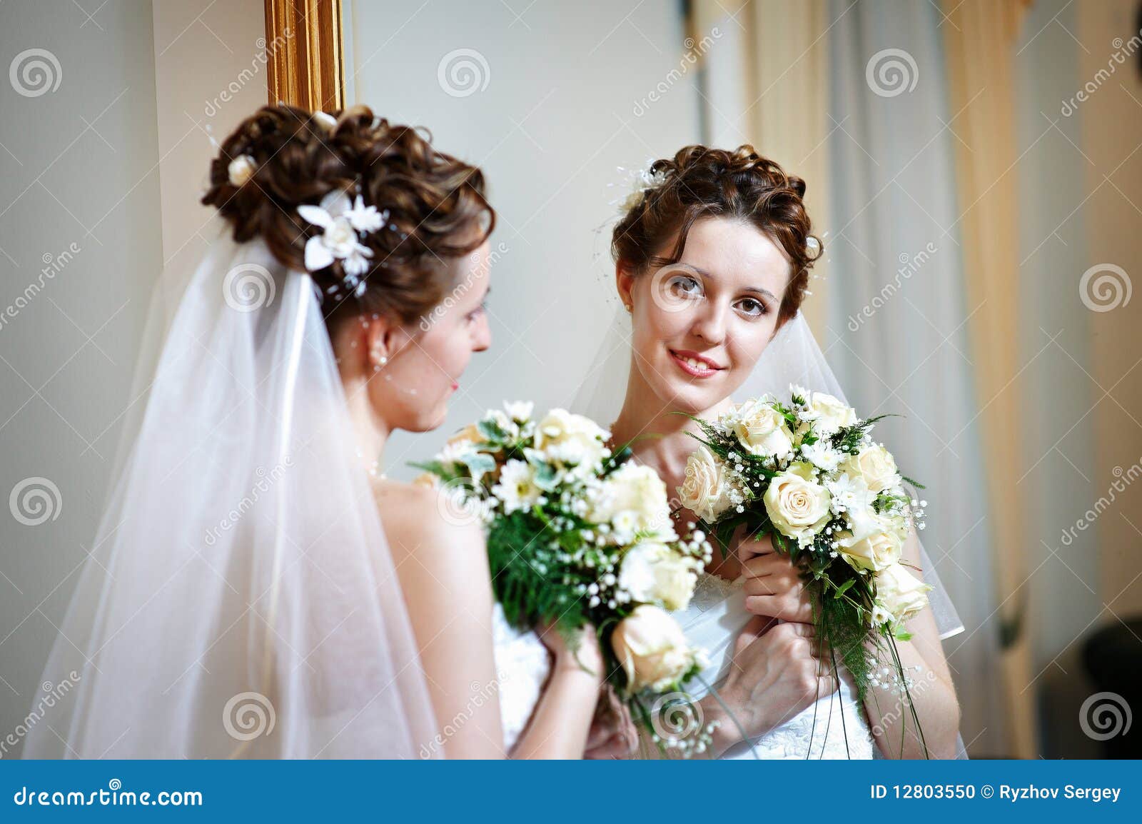 Happy bride in mirror stock photo. Image of mirror, woman - 12803550