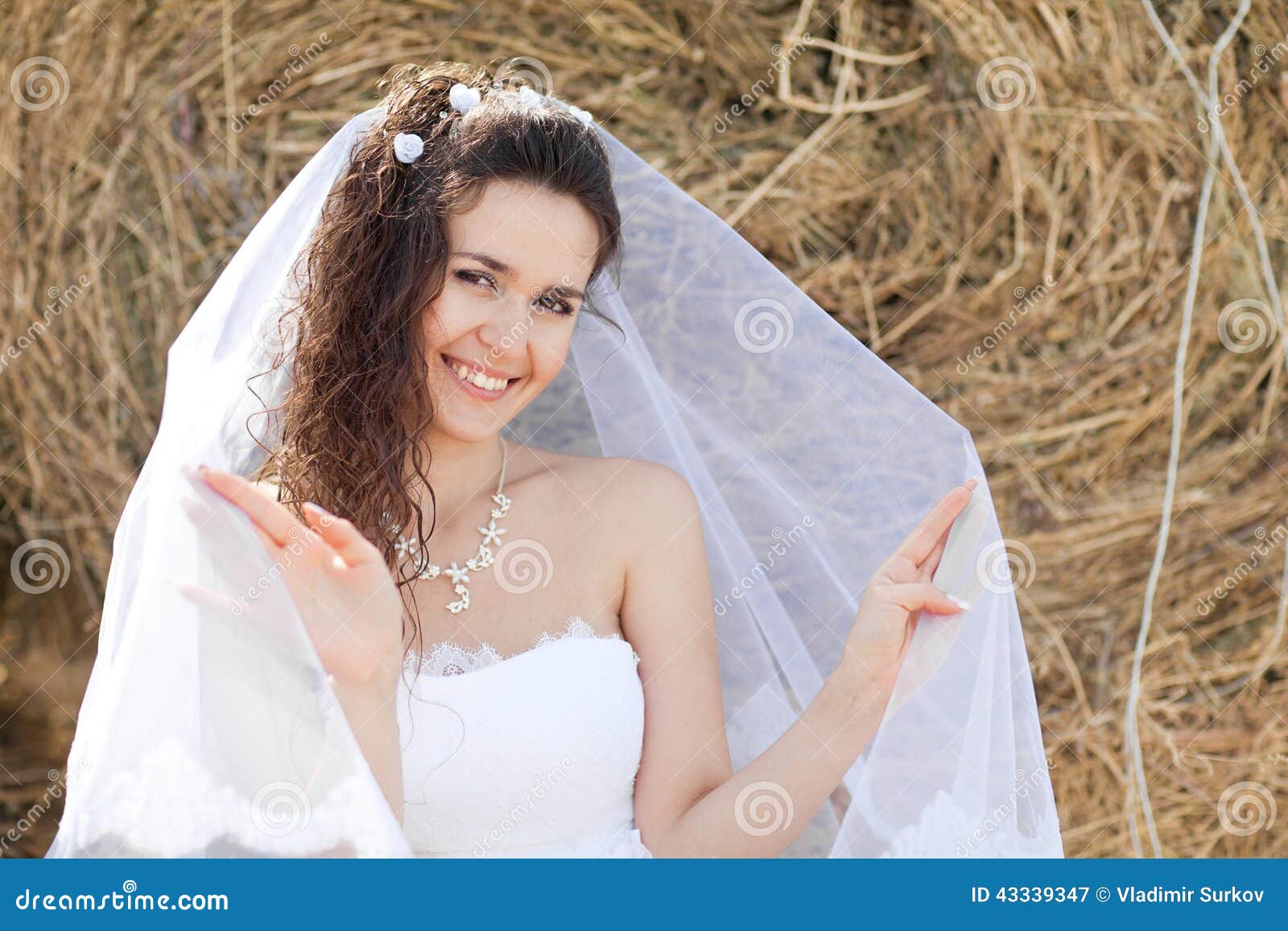 Happy bride near hay stock image. Image of beauty, female - 43339347
