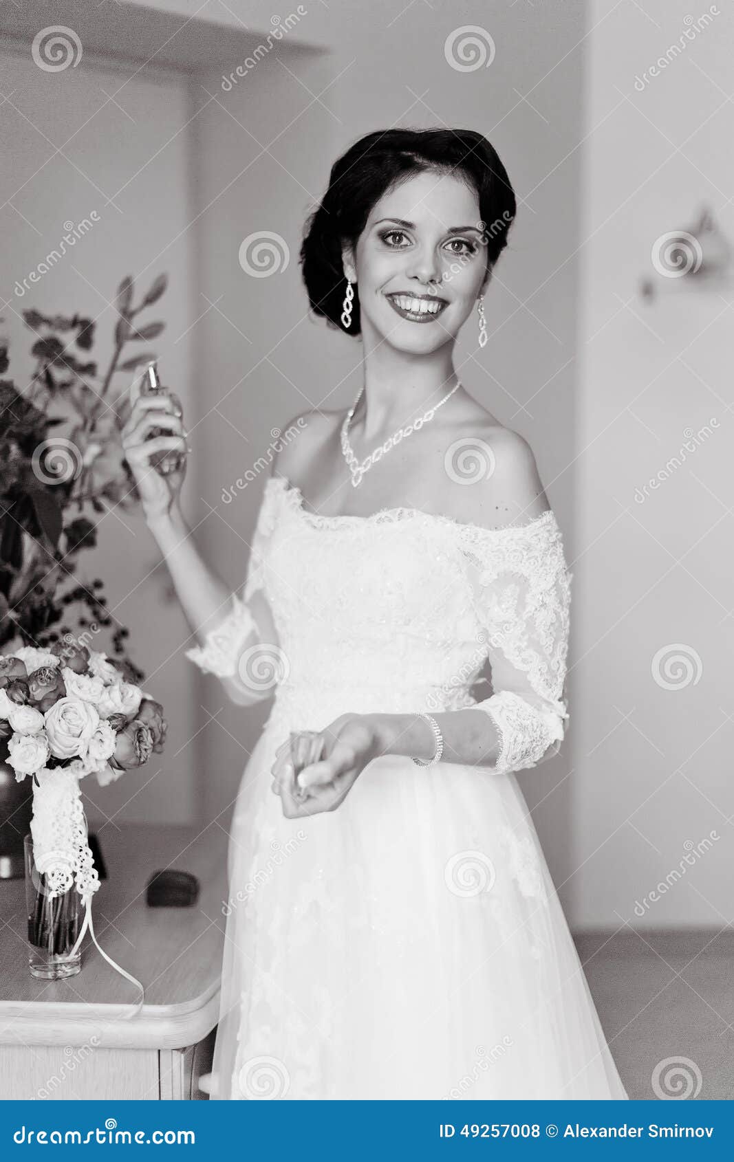 Happy Bride Spraying Perfume Stock Photo - Image of portrait, adult ...