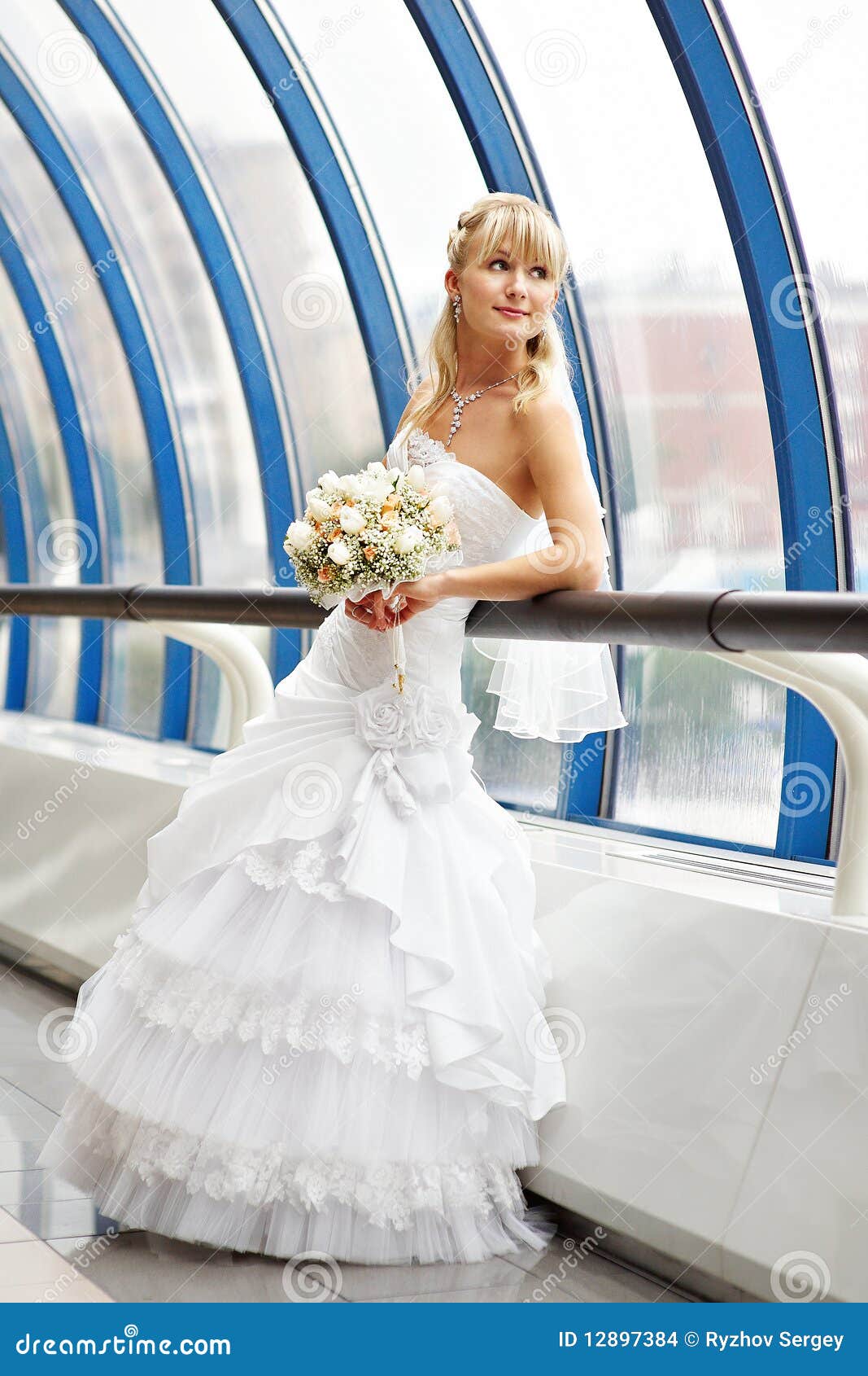 Happy Bride with Wedding Bouquet on Bridge Stock Photo - Image of rich ...