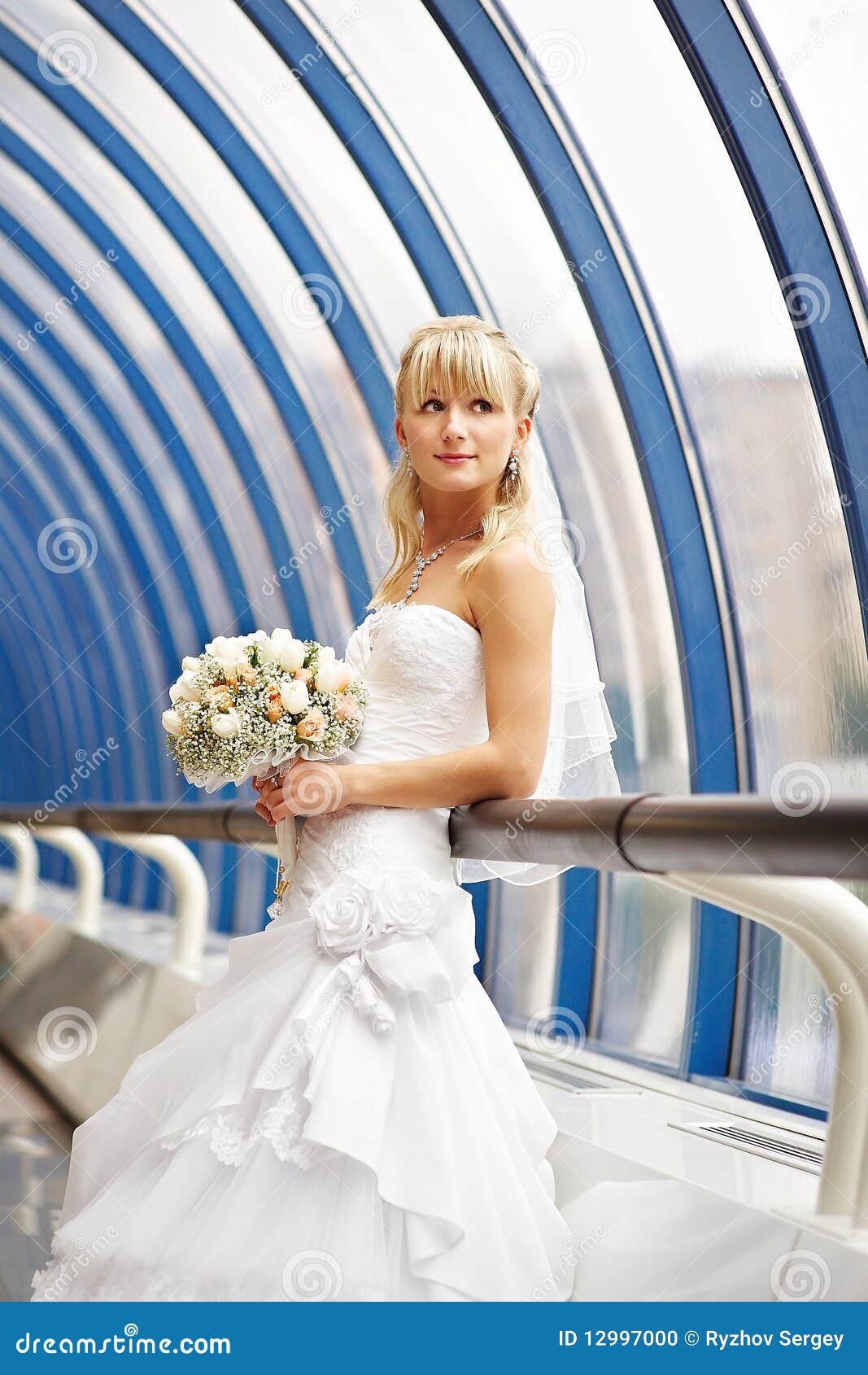 Happy Bride with Wedding Bouquet on Bridge Stock Photo - Image of glass ...
