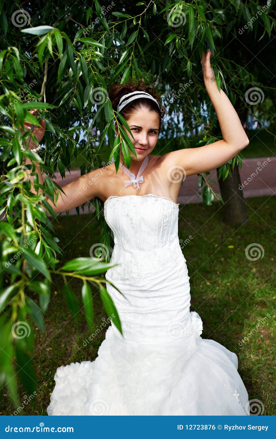 Happy Bride in Wedding Dress and Branch of Tree Stock Photo - Image of ...