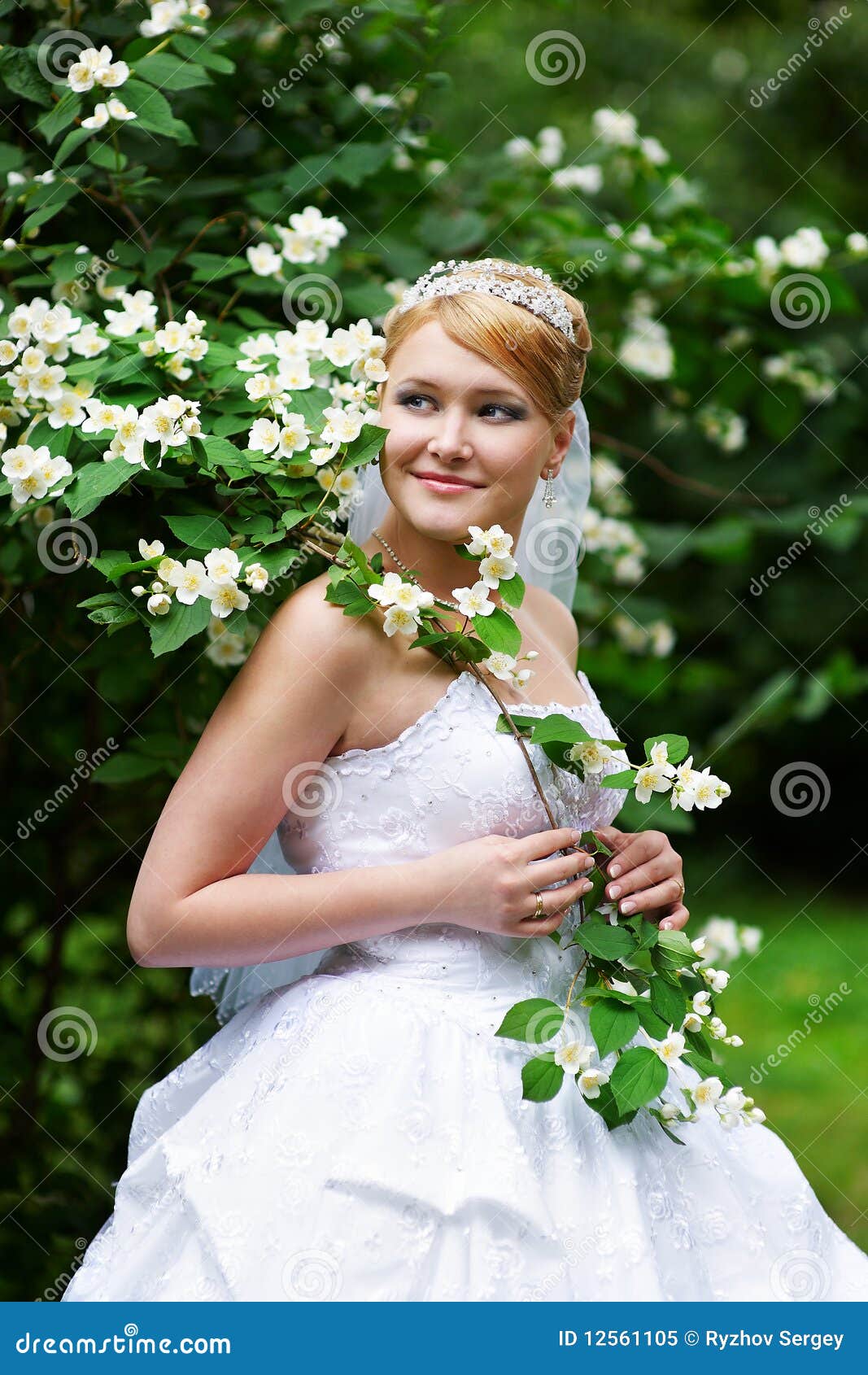 Happy Bride in Wedding Dress and Flowers Stock Image - Image of fencing ...