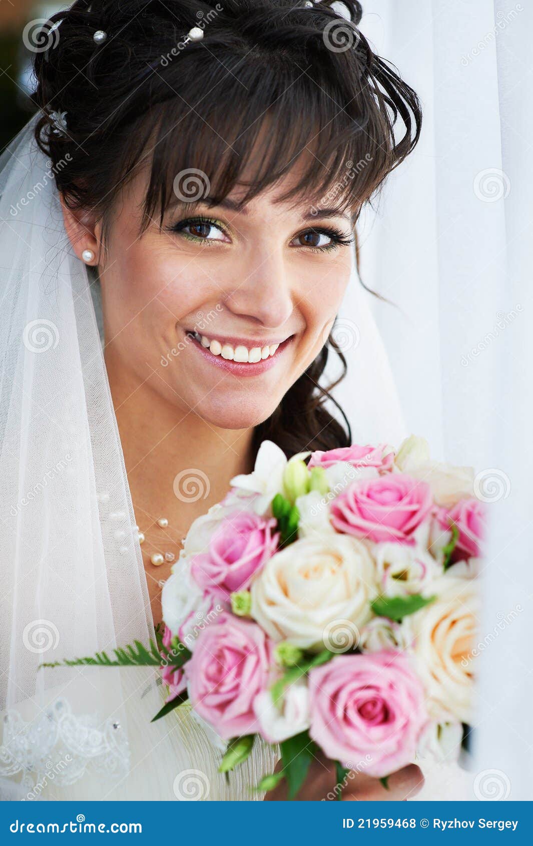 Happy Bride with Weding Bouquet Stock Photo - Image of hand, female ...