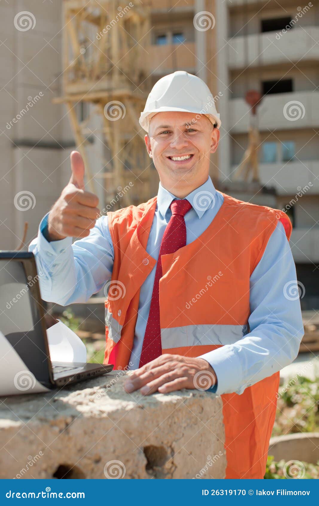 Happy Builder in Building Site Stock Photo - Image of happy, points ...