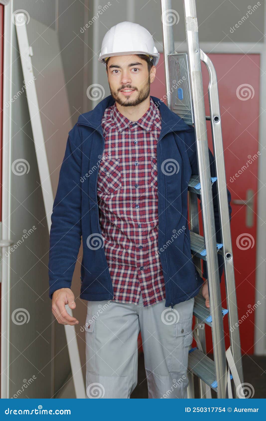 Happy Builder Carrying Ladder Stock Photo - Image of ladder, place ...