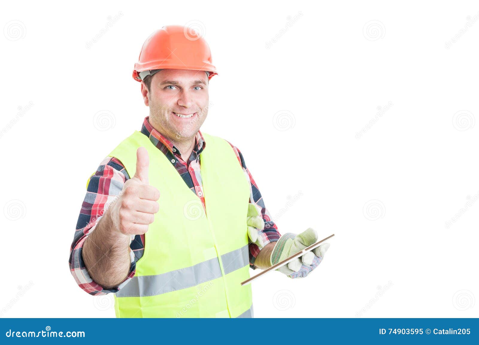 Happy Builder Holding Tablet and Showing Thumbup Stock Image - Image of ...