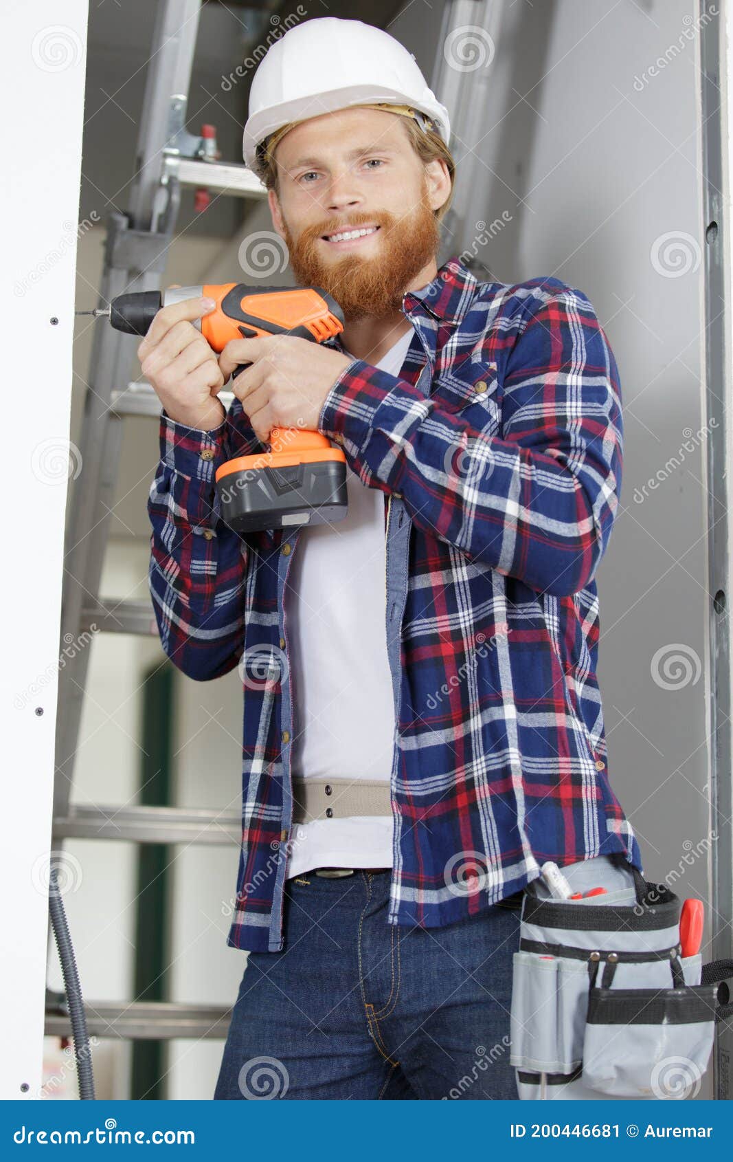 Happy builder on ladder stock image. Image of handyman - 200446681