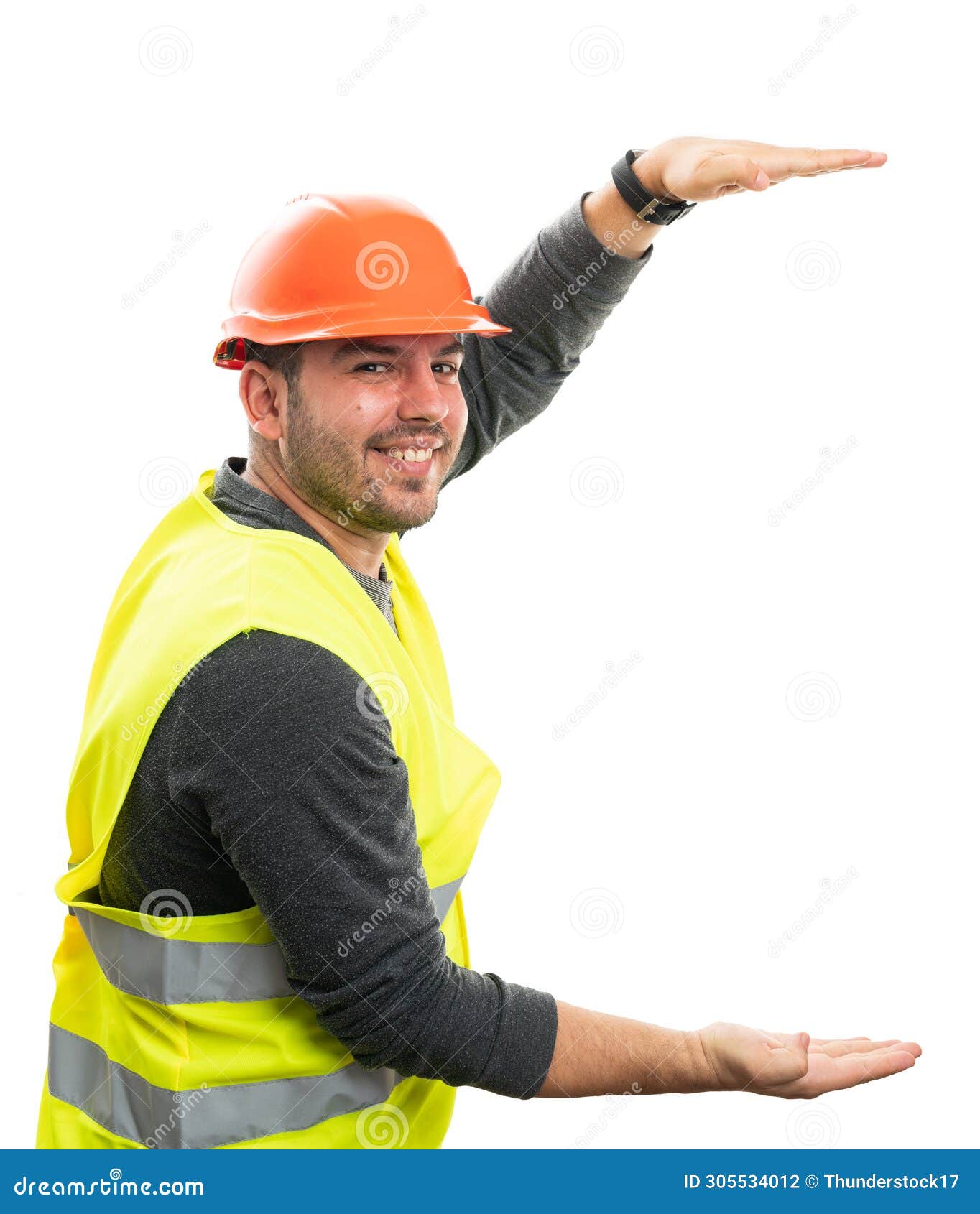 Happy Builder Man Presenting Object Copyspace between Hands Stock Photo ...