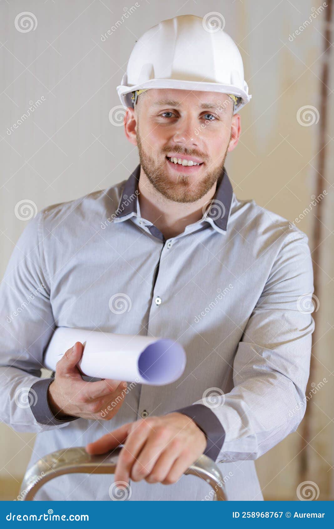 Happy Builder with Paper Standing on Ladder Stock Image - Image of ...