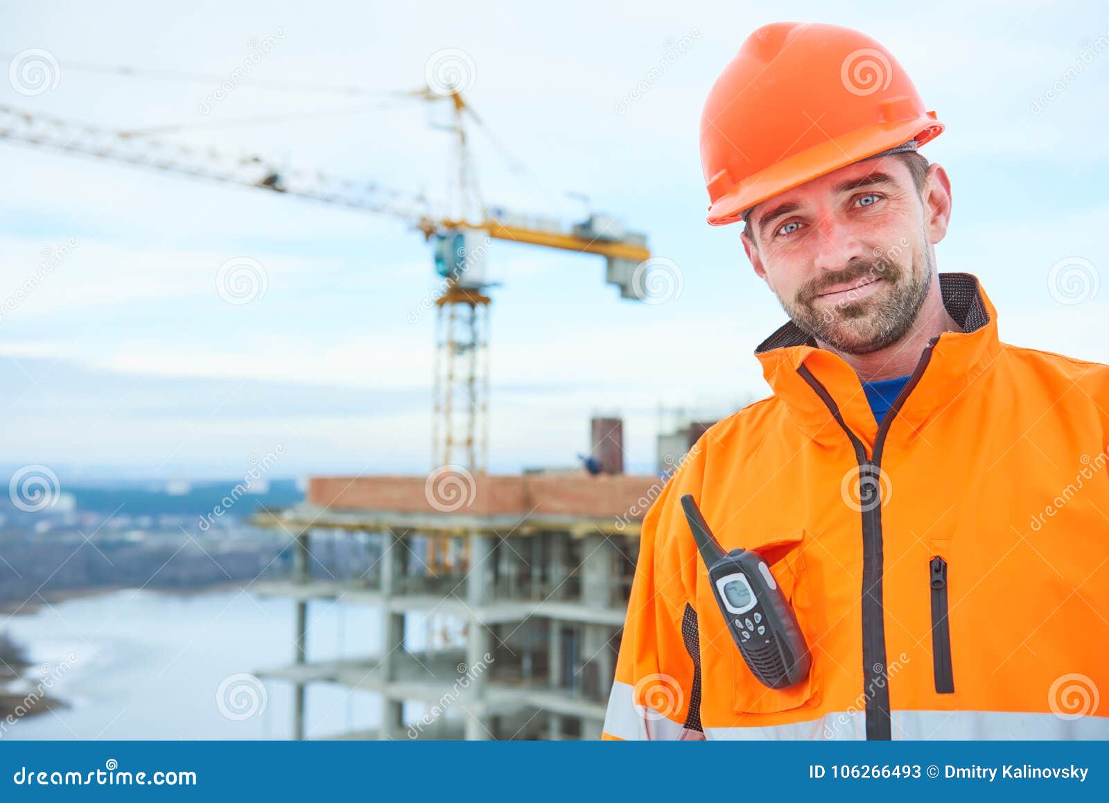 Happy Builder Worker at Construction Site Stock Image - Image of ...