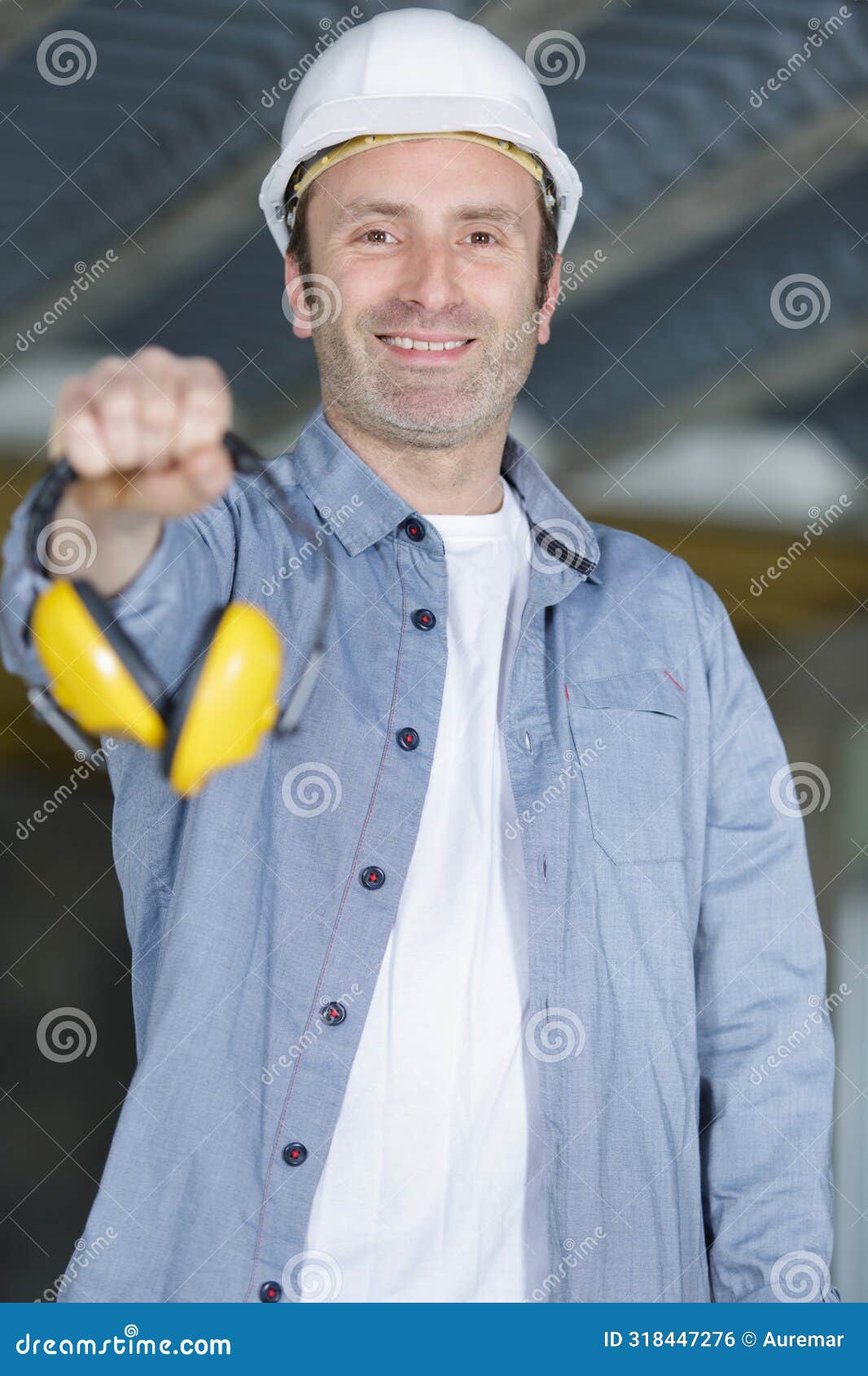Happy Builder Showing Ear Protection Stock Photo - Image of loud ...