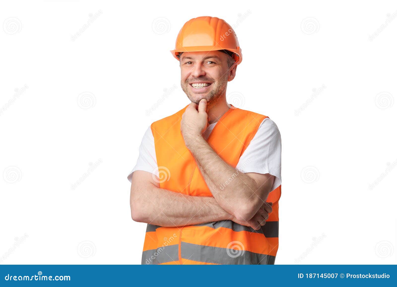 Happy Builder Smiling To Camera Posing Standing on White Background ...
